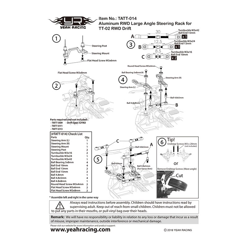 YEAH RACING ALUMINUM RWD LARGE ANGLE STEERING RACK FOR TAMIYA TT02 ...